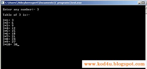 c program print table of given number with table format
