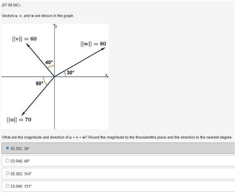 pls help vectors u v and w are shown in the graph what are the magnitude and direction of
