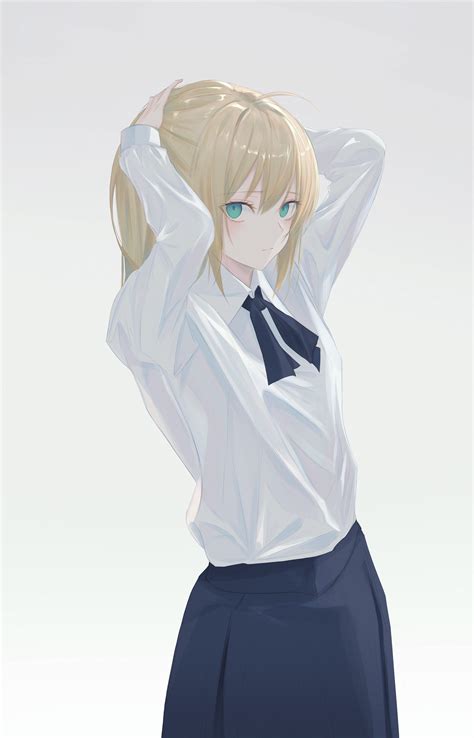 1197174 Anime Girls Small Boobs Fate Series Ahoge Thighs Curvy Blue Ribbons Long Hair