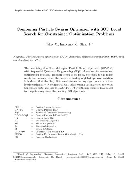 pdf combining particle swarm optimizer with sqp local search for constrained optimization problems