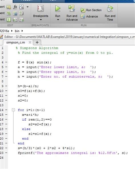 simpsons algorithm for numerical integration using matlab matlab programming