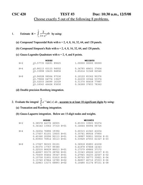 8 solved questions to evaluate the integrals exam 3 csc 420 docsity
