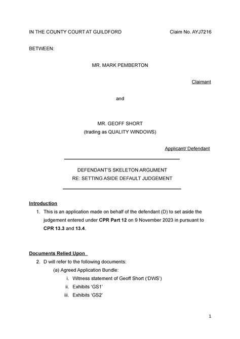 Defendant S Skeleton Argument IN THE COUNTY COURT AT GUILDFORD Claim