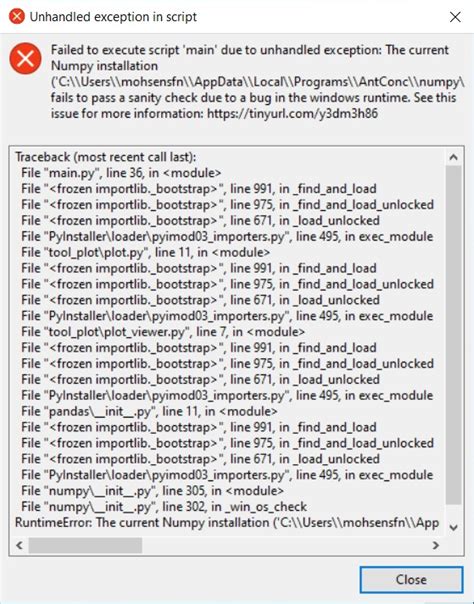 unhandled exception in script