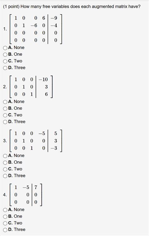 solved 1 point how many free variables does each augmented