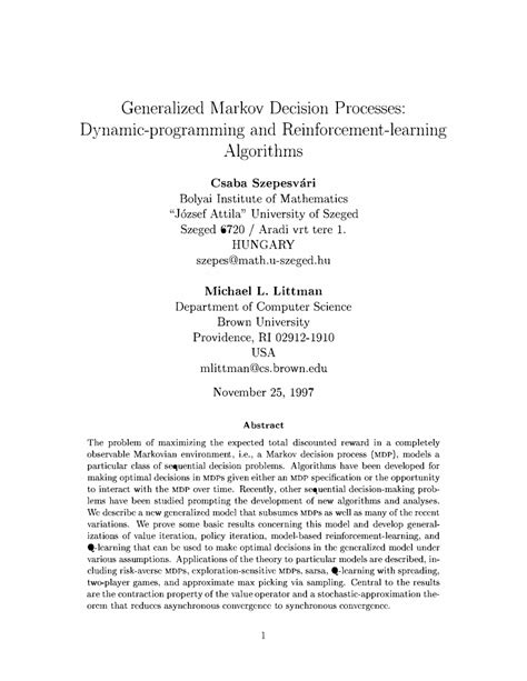 pdf generalized markov decision processes dynamic programming and reinforcement le arning