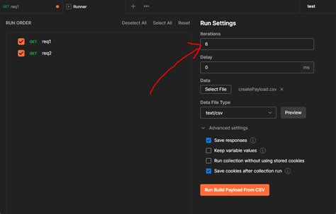 postman pre request script to read variables from csv file and append to json body 🗣 general