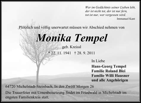 Traueranzeigen Von Monika Tempel Vrm Trauer De