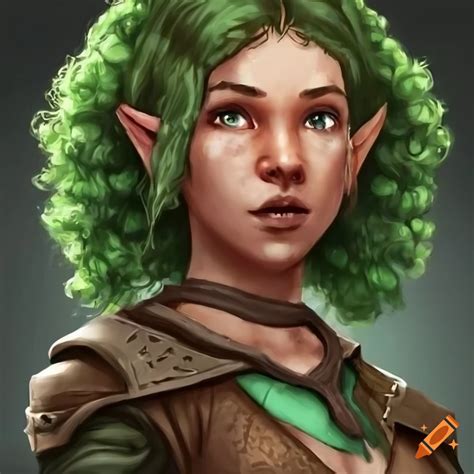 A Shy Young Half Elf Ranger With Tan Skin And Short Curly Dark Green Hair With Dark Skin And