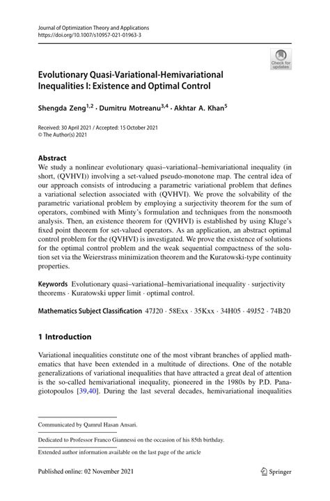 pdf evolutionary quasi variational hemivariational inequalities i existence and optimal control