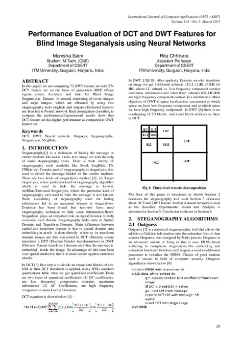 pdf performance evaluation of dct and dwt features for blind image steganalysis using neural