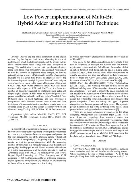 pdf low power implementation of multi bit hybrid adder using modified gdi technique
