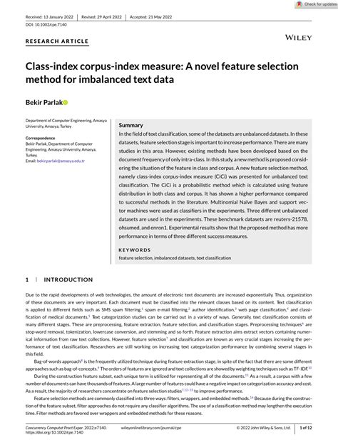pdf class‐index corpus‐index measure a novel feature selection method for imbalanced text data