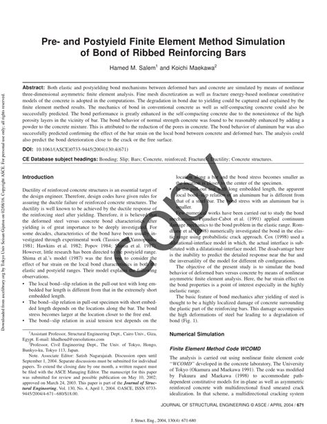 pdf pre and postyield finite element method simulation of bond of ribbed reinforcing bars