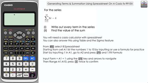 generating terms and summation using spreadsheet on a casio classwiz fx 991ex youtube