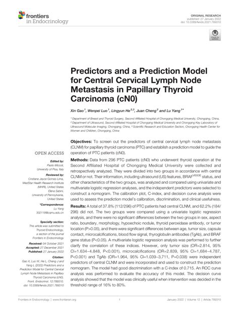 pdf predictors and a prediction model for central cervical lymph node metastasis in papillary