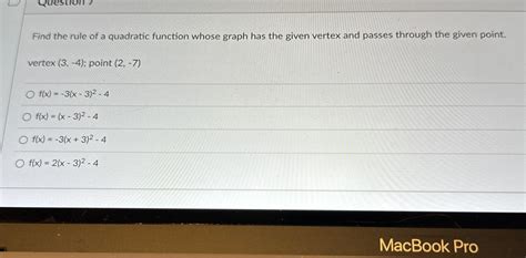 solved find the rule of a quadratic function whose graph has
