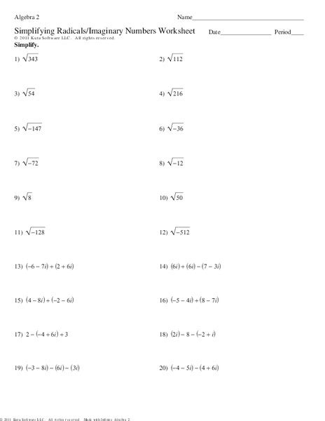 simplifying radicals imaginary numbers worksheet for 9th 12th grade lesson planet