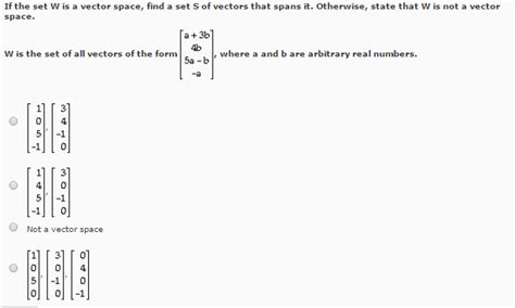solved if the set w is a vector space find a set s of