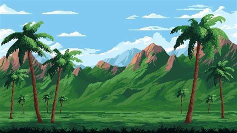 Premium Vector 8 Bit Pixel Game Tropic Jungle Forest Landscape