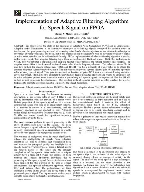 implementation of adaptive filtering algorithm for speech signal on fpga download free pdf