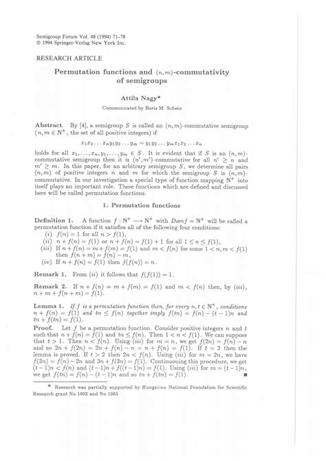 pdf permutation functions and n m commutativity of semigroups