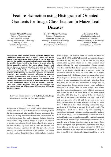 pdf feature extraction using histogram of oriented gradients for image classification in maize