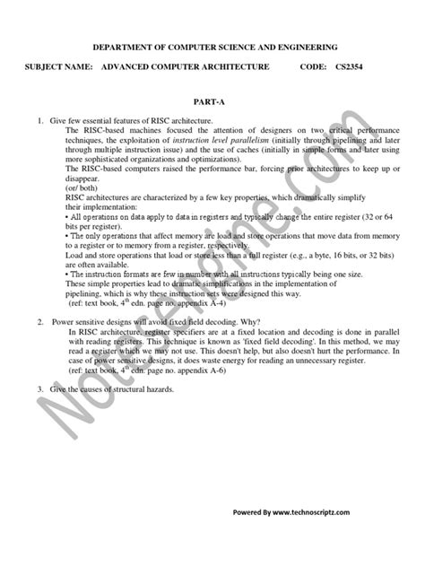 department of computer science and engineering subject name advanced computer architecture code
