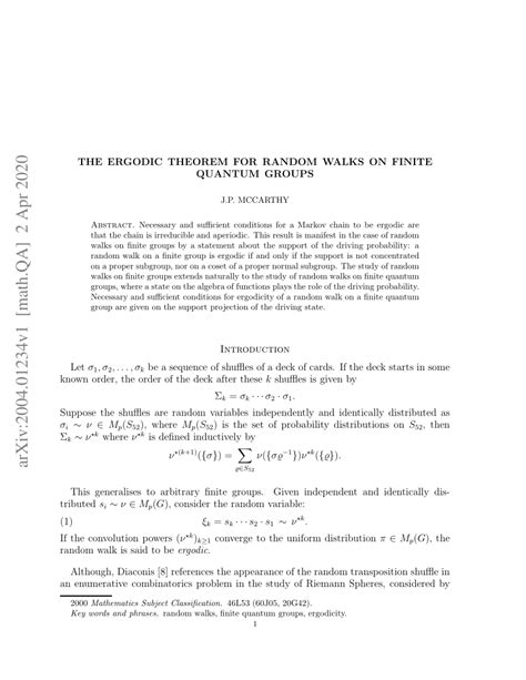 pdf the ergodic theorem for random walks on finite quantum groups