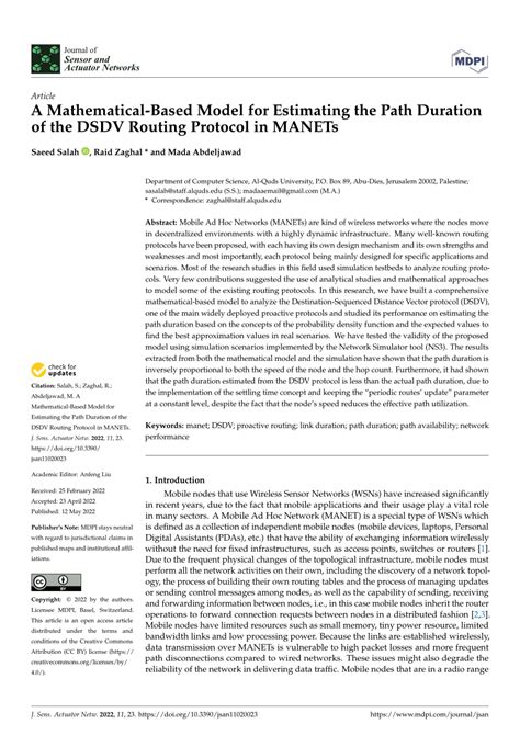 pdf a mathematical based model for estimating the path duration of the dsdv routing protocol