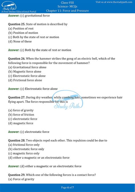 Class 8 Science Chapter 11 Force And Pressure MCQ With Answers