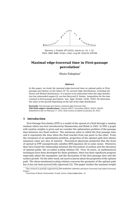 pdf maximal edge traversal time in first passage percolation