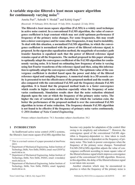 pdf a variable step size filtered x least mean square algorithm for continuously varying noise