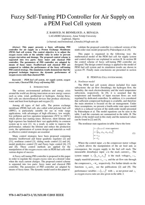 pdf fuzzy self tuning pid controller for air supply on a pem fuel cell system