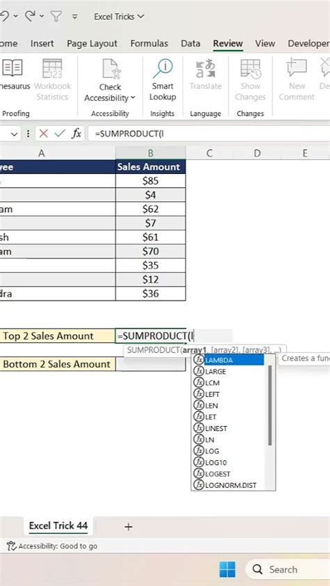 Excel Trick 44 How To Get Sum Of Top N And Bottom N Values In Ms Excel Shorts Youtube