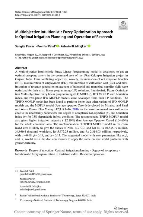 multiobjective intuitionistic fuzzy optimization approach in optimal irrigation planning and