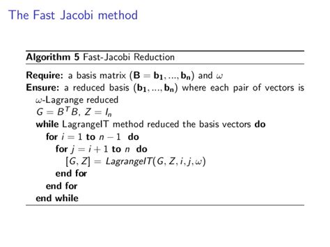 lattice cryptography the jacobi reduction algorithm speaker deck