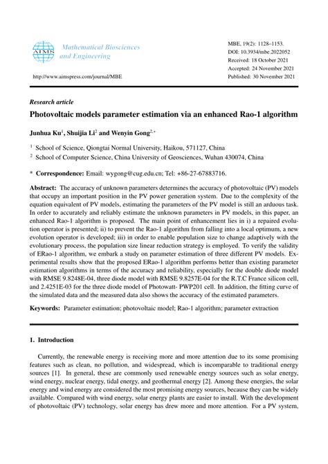 pdf photovoltaic models parameter estimation via an enhanced rao 1 algorithm
