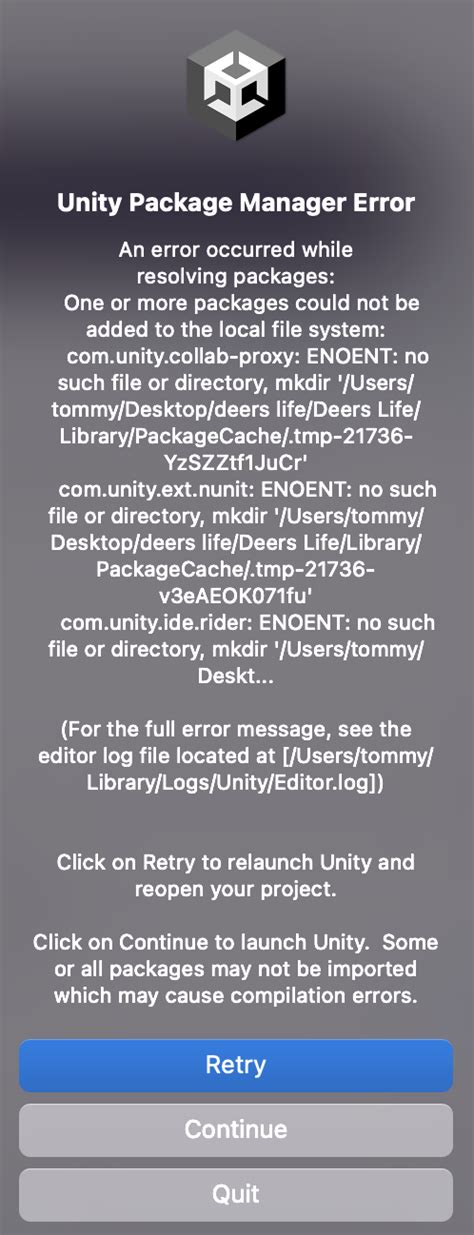 mac unity package manager error resolving packages one or more packages could not be added to