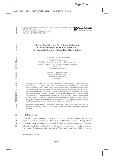 pdf markov chain monte carlo based estimation of stress strength reliability parameter for