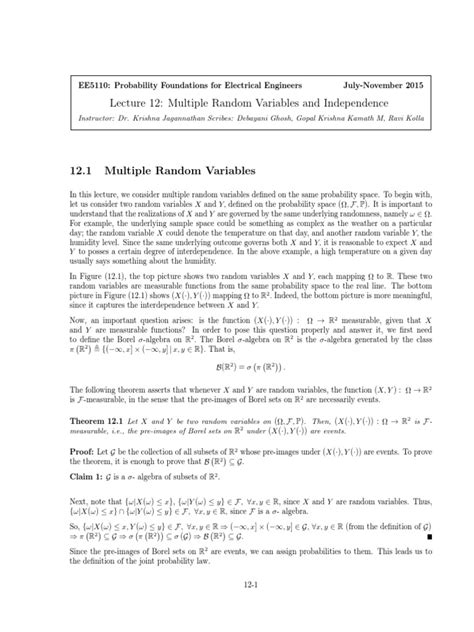 lecture12 multiple random variables and independence pdf random variable measure theory