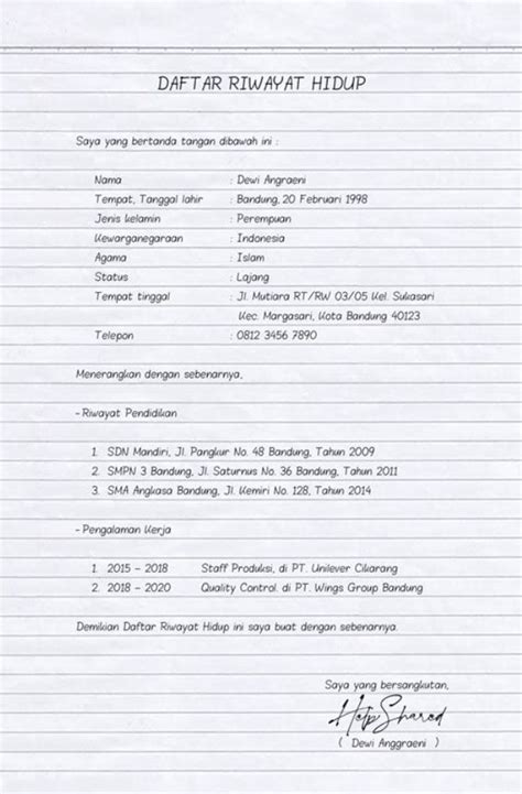 6 Contoh CV Tulis Tangan Serta Cara Membuatnya Yang Benar
