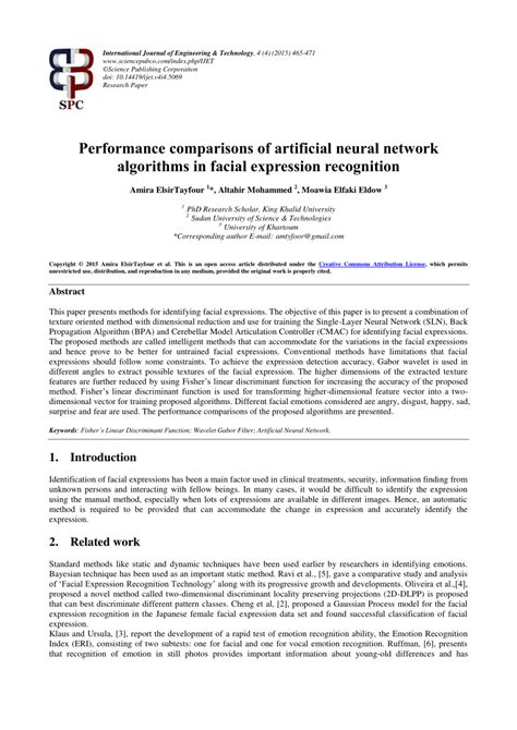 pdf performance comparisons of artificial neural network algorithms in facial expression