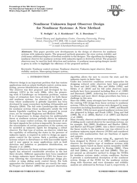 nonlinear unknown input observer design for nonlinear systems a new method pdf control