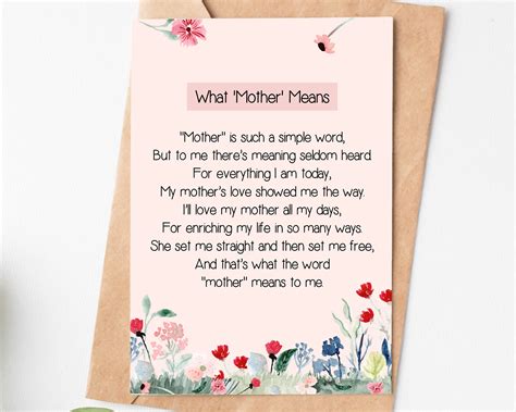 Floral Poem Card For Mom Mothers Day Card What Mother Means Etsy