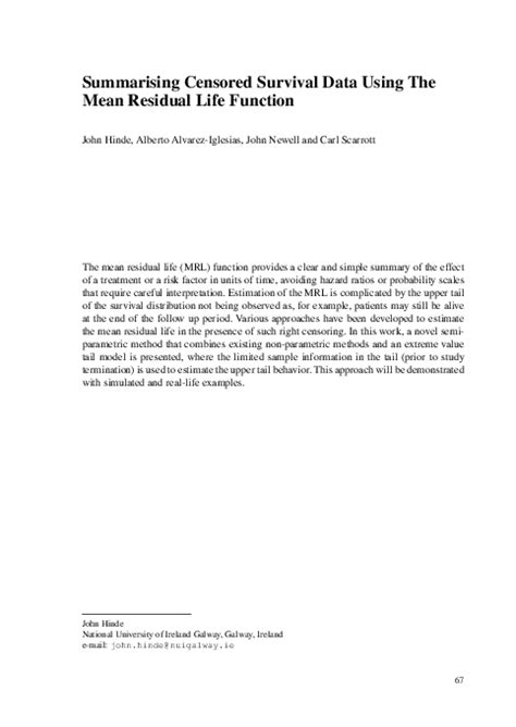pdf summarising censored survival data using the mean residual life function carl scarrott