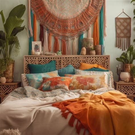 Bohemian Bedroom With Macrame Headboard And Three Frames Mockup Stock