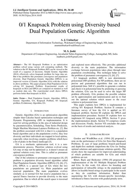 0 1 knapsack problem using diversity based dual population genetic algorithm ijisa
