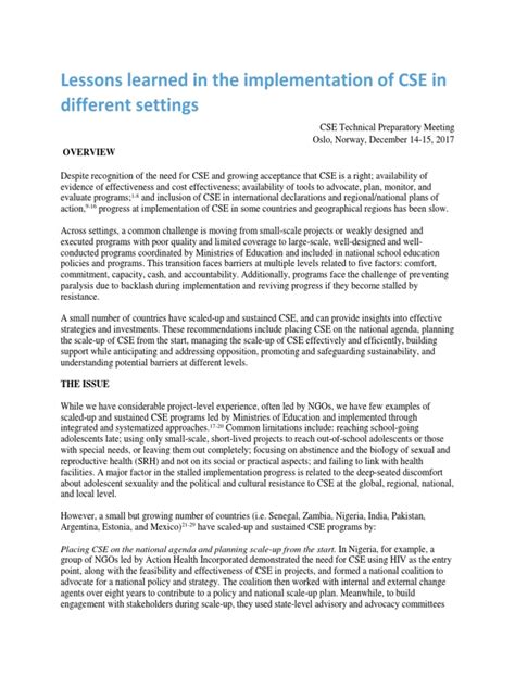 lessons learned in the implementation of cse in different settings pdf sex education world