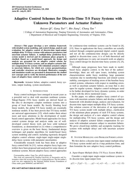pdf adaptive control schemes for discrete time t s fuzzy systems with unknown parameters and